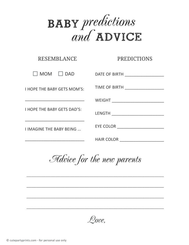 Baby Prediction and Advice Cards Free Printable